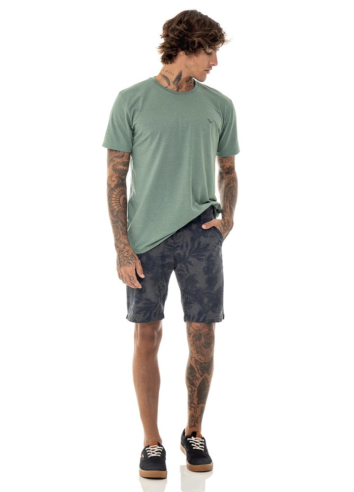 CAMISETA MEIA MALHA MESCLA GOLA CARECA C/ BORDADO - ALGODÃO/POLIÉSTER